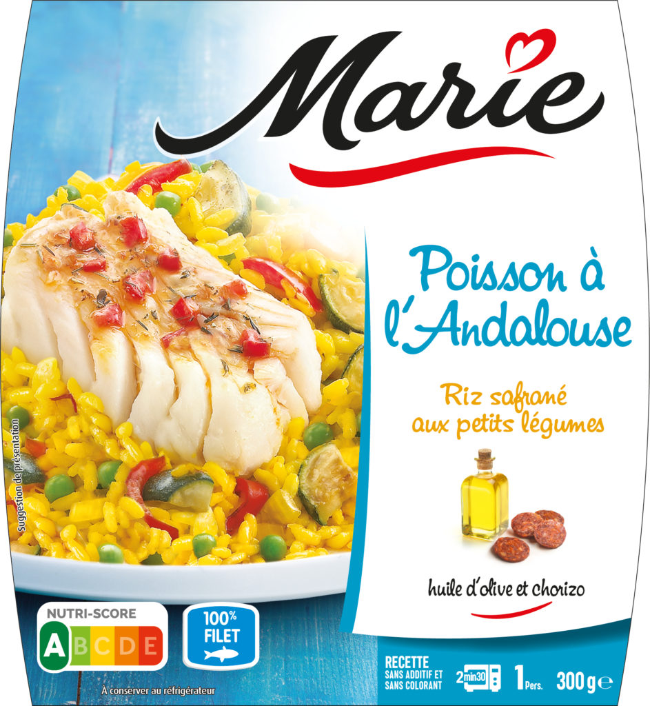 Poisson à l'andalouse riz safrané aux petits légumes - Espri Restauration